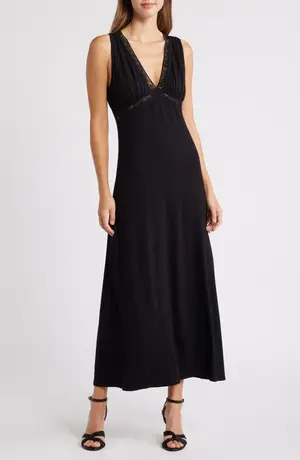 Loveappella Lace Inset Empire Waist Dress - Black