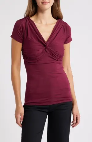 Loveappella Twist Detail Stretch Top - Burgundy