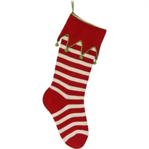 MELANGE COLLECTION Elf-cuff Striped Stocking - Red