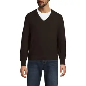 LANDS' END Long Sleeve Washable Merino Wool V-neck Sweater - Rich Coffee