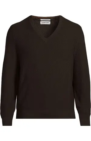 LANDS' END Long Sleeve Washable Merino Wool V-neck Sweater - Rich Coffee