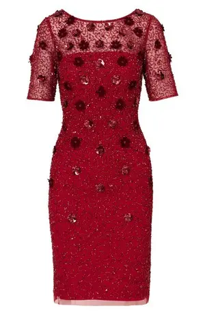 Adrianna Papell Sequin Mesh & Velvet Cocktail Sheath Dress In Cranberry -  50% Off | Editorialist