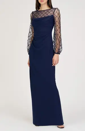 Js Collections Risha Metallic Floral Appliqué Gown - Deep Navy