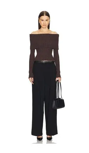 L'academie Off Shoulder Ribbed Knit Sweater - Chocolate Brown