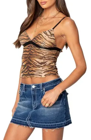 EDIKTED Tiger Stripe Print Mesh Tank Top