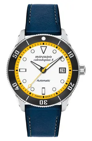 Movado Calendoplan Leather Strap Watch - White/blue