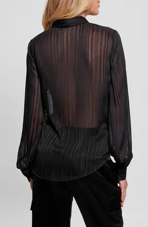 Guess Oriane Tie Neck Metallic Tonal Stripe Satin Button-up Shirt