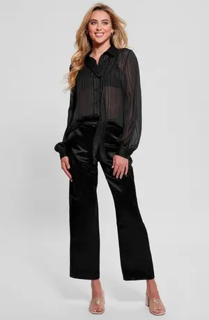 Guess Oriane Tie Neck Metallic Tonal Stripe Satin Button-up Shirt