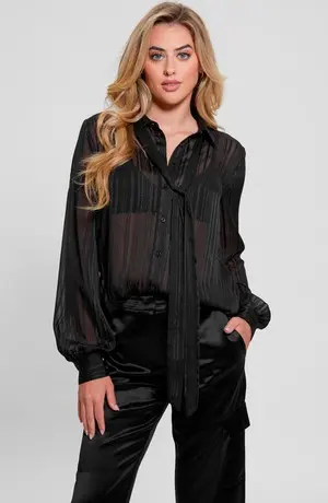 Guess Oriane Tie Neck Metallic Tonal Stripe Satin Button-up Shirt
