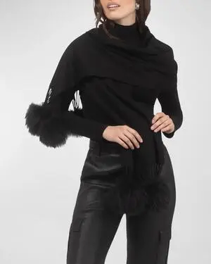 Gorski Select Cashmere Stole With Lamb Shearling Poms - Black