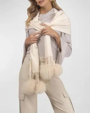 Gorski Select Cashmere Stole With Lamb Shearling Poms - Ivory