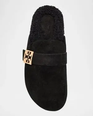 Tory Burch Mellow Suede Shearling Loafer Mules - Black