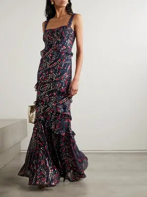 Saloni Chandra Ruffled Metallic Fil Coupé Silk-blend Maxi Dress