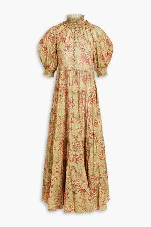 Zimmermann Floral-Print Tiered Cotton Maxi Dress - Sage Green