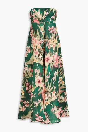 Zimmermann Strapless Shirred Floral-print Linen Midi Dress