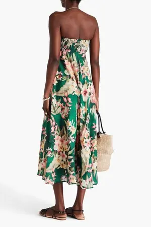 Zimmermann Strapless Shirred Floral-print Linen Midi Dress
