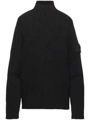 Prada Logo-patch Ribbed Knit Wool Sweater - Black
