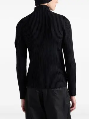 Prada Logo-patch Ribbed Knit Wool Sweater - Black