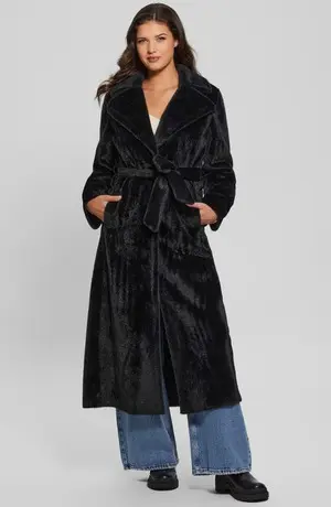 Guess Ada Faux Fur Long Coat - Jet Black