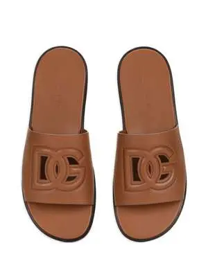 Dolce & Gabbana Embossed-logo Leather Slides - Brown