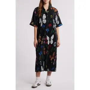 DRESSED IN LALA Print Plissé Satin Shirtdress - Folklore