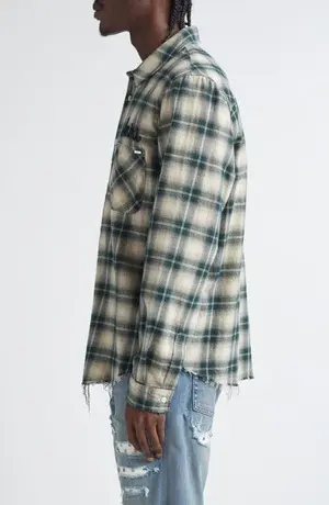 Amiri Shotgun Distressed Plaid Flannel Button-up Shirt - Evergreen