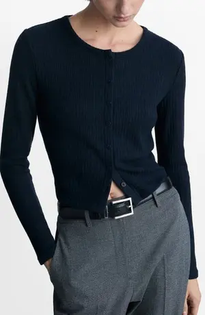 Mango Ribbed Button-up Cardigan - Dark Navy