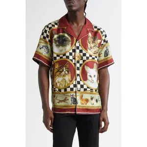 Dolce & Gabbana Cat Print Silk Camp Shirt