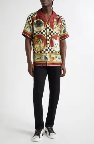 Dolce & Gabbana Cat Print Silk Camp Shirt