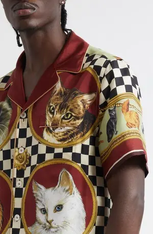 Dolce & Gabbana Cat Print Silk Camp Shirt