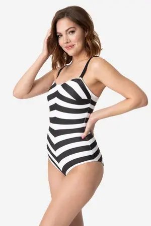 Unique Vintage Chevron Stripe One Piece Bathing Suit - Black/ White