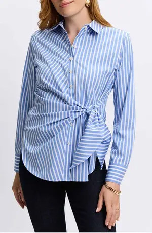 Foxcroft Sabine Stripe Side Tie Button-up Shirt - Periwinkle