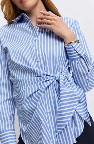 Foxcroft Sabine Stripe Side Tie Button-up Shirt - Periwinkle