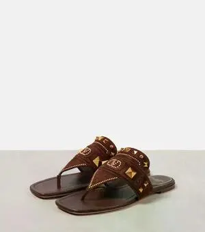 Valentino Garavani Plaster Caster Studded Suede Thong Sandals - Brown