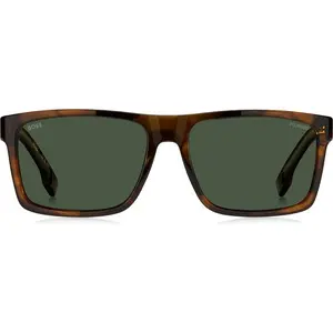BOSS 59mm Polarized Rectangle Sunglasses - Brown Horn/ Green Polar