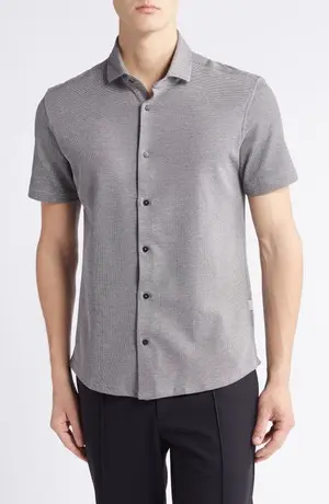 Stone Rose Solid Technical Piqué Knit Short Sleeve Button-up Shirt - Black