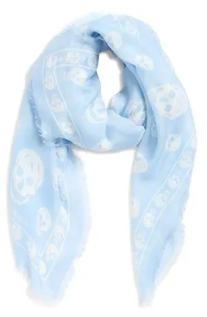 Alexander McQueen Skull Print Silk Scarf - Ice Blue/white