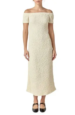 English Factory Textured Off-the-shoulder Midi Dress - Cream