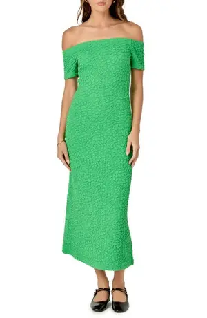English Factory Textured Off-the-shoulder Midi Dress - Green
