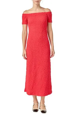 English Factory Textured Off-the-shoulder Midi Dress - True Red