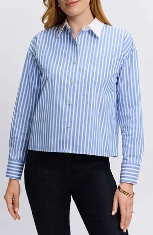Foxcroft Marina Stripe Cotton Button-up Shirt - Periwinkle