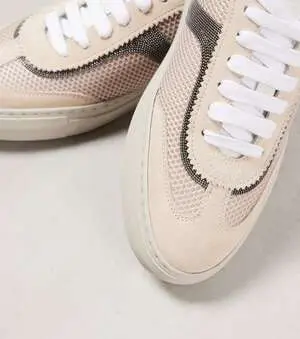 Brunello Cucinelli Monili Suede And Mesh Sneakers - Beige