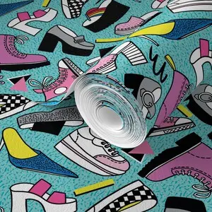 Spoonflower 90s Style Doodle Shoes And Boots Wallpaper - Blue