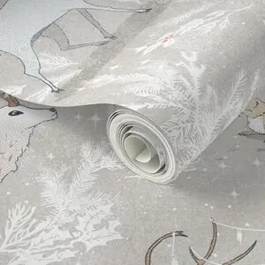 Spoonflower Vintage Woodland Christmas Small Snow Deer Stag Custom Pre-pasted Wallpaper - Gray