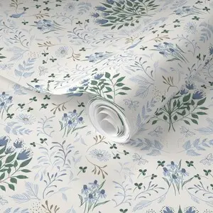 Spoonflower Leaves Butterflies Birds Home Damask Clovers Custom Pre-pasted Wallpaper - Blue,beige