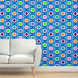 Spoonflower Mod Blooms Flowers 60s Multicolored Retro Traditional Wallpaper