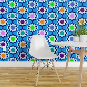 Spoonflower Mod Blooms Flowers 60s Multicolored Retro Traditional Wallpaper