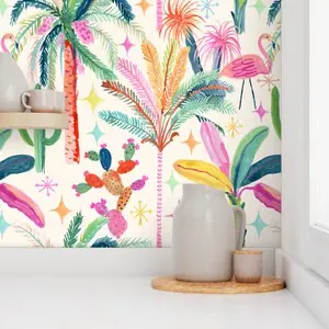 Spoonflower Palm Spring Retro Modern Tropical Mod Cactus Custom Pre-pasted Wallpaper