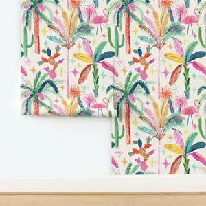 Spoonflower Palm Spring Retro Modern Tropical Mod Cactus Custom Pre-pasted Wallpaper