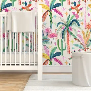 Spoonflower Palm Spring Retro Modern Tropical Mod Cactus Custom Pre-pasted Wallpaper
